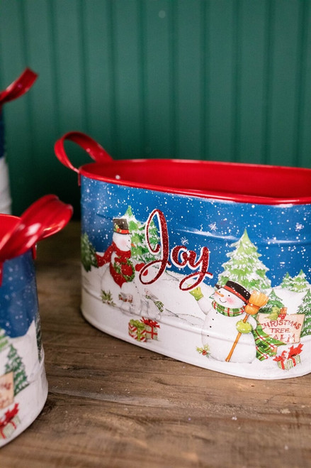 Metal Holiday Snowman Design Buckets with Glitter Accents - Decorator's ...