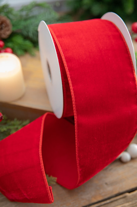 4" x 5 Yard Deluxe Velvet Sheer Back Ribbon - Red - Decorator's Warehouse