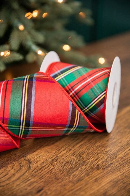 4" x 5 Yard Diagonal Cut Nutcracker Plaid Dupioni Ribbon - Decorator's ...