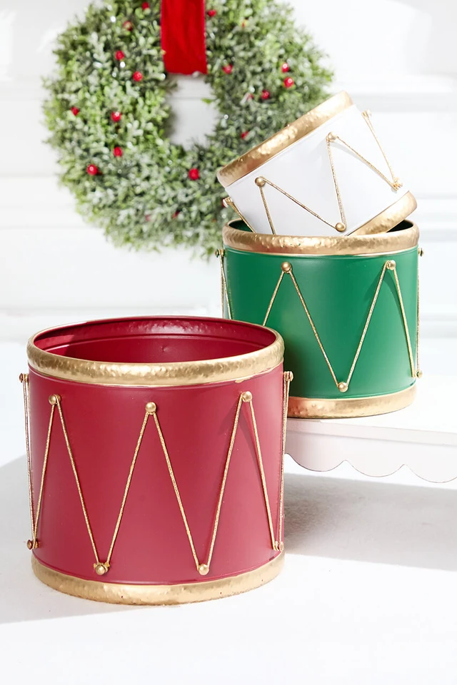 Red and Green Drum Container - Set of 3 - Decorator's Warehouse