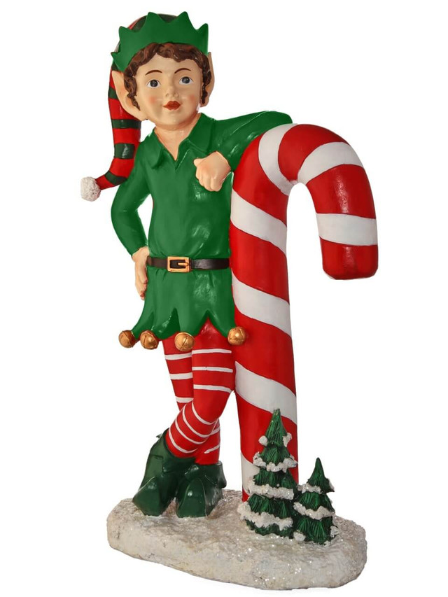 36" Resin Elf Leaning on Candy Cane