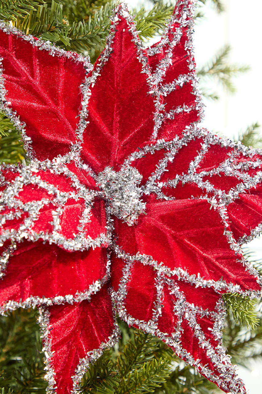 24" Tinsel Edge Velvet Poinsettia Stem - Decorator's Warehouse