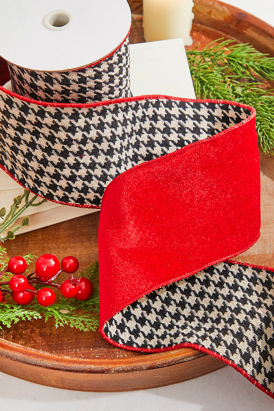 4” X 5 Yard Hounds Tooth/Velvet Wired Ribbon - Cardinal Christmas Ribbon