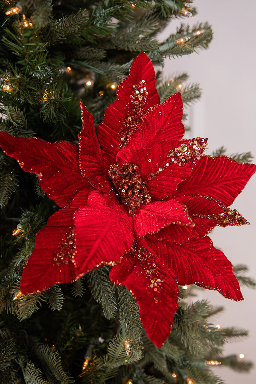 22” Velvet Glitter Poinsettia Stem - Burgundy & Rose Gold - Decorator's ...