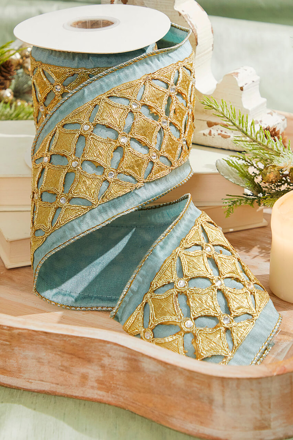 4" x 5 Yard Jeweled Diamond Dupion Wired Ribbon - Decorator's Warehouse