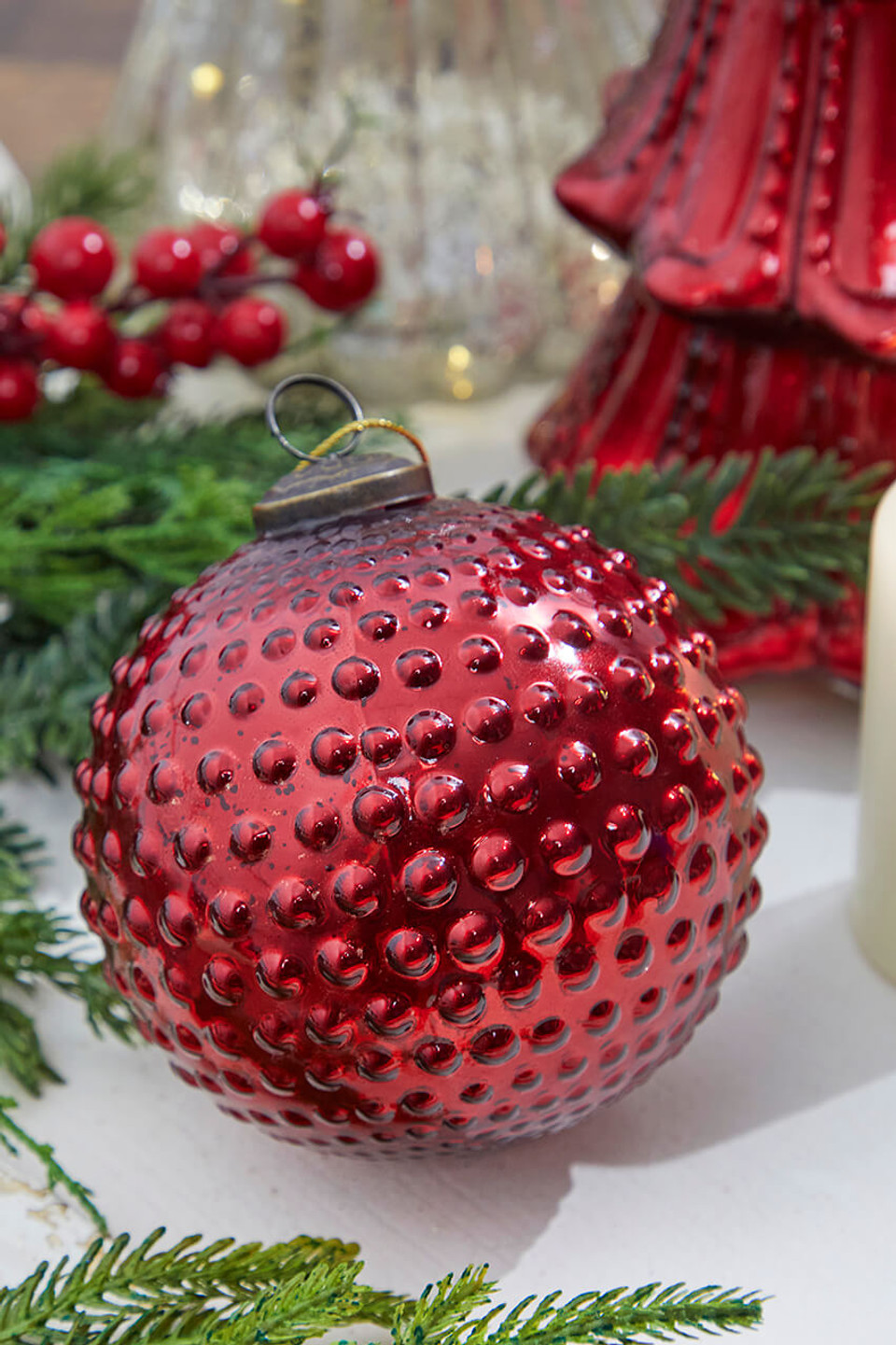 5" Round Hobnail Ruby Mercury Glass Ornament - Decorator's Warehouse