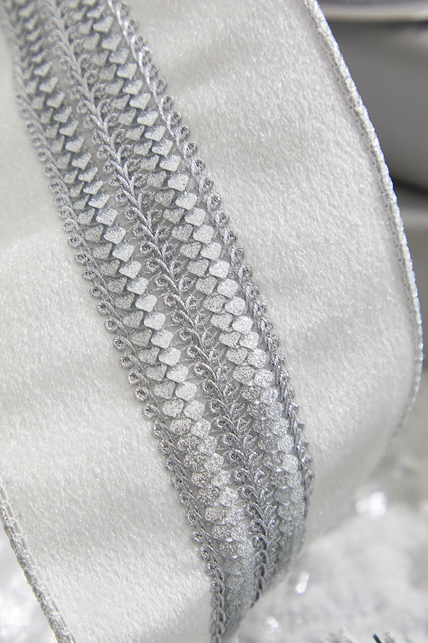 4” x 5 Yard Silver Trim On White Velvet Ribbon - Decorator's Warehouse