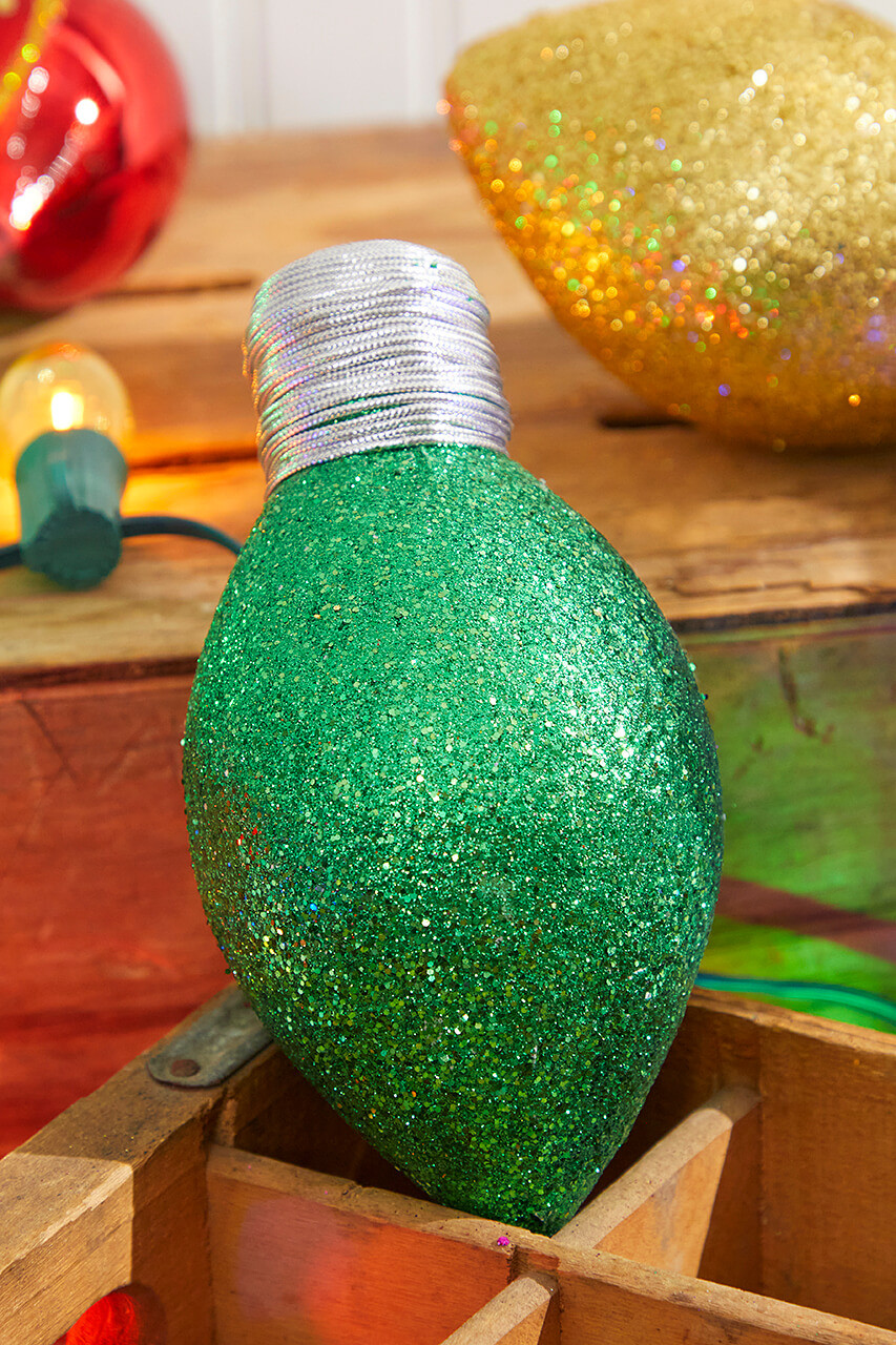 7" Green Glitter Light Bulb Ornament - Decorator's Warehouse