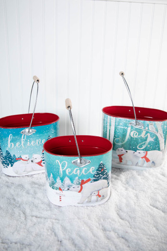 9.8” Metal Polar Bear Design Buckets with Glitter Accent - Set of 3 ...