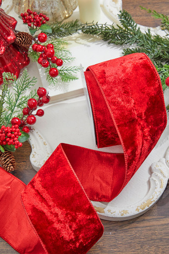 4” x 10 Yard Red Sheldon Velvet Metallic Back Ribbon - Decorator's ...