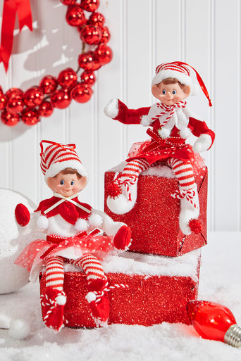 9" Velvet Bendable Peppermint Elf Ornament - Decorator's Warehouse