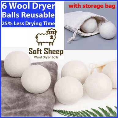 6 Wool Dryer Balls XL 100% Organic Wool Natural Laundry Fabric Softener ...