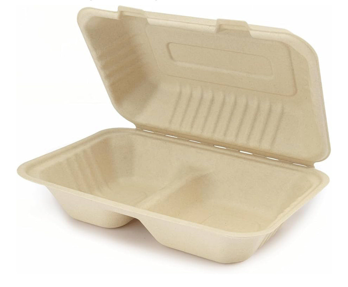 9''x 6'' PFAS Free Comp Fiber Hinged Containers, 2 Comp, Natural - 200 pcs