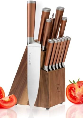 Copper Knife Set With Walnut Block – 13-Piece Premium Stainless Steel ...