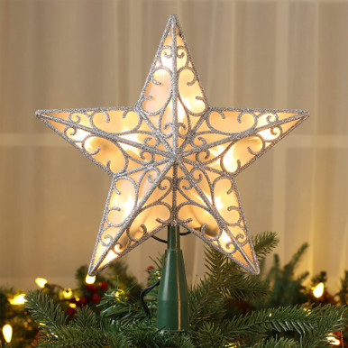 Brizled 9.5” Christmas Star Tree Topper, Glittered Silver Treetop Star ...