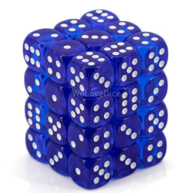 Chessex Dice d6 Sets: Blue with White Translucent - 12mm Six Sided Die ...