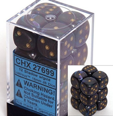 Chessex Dice d6 Sets: Lustrous Shadow with Gold - 16mm Six Sided Die ...