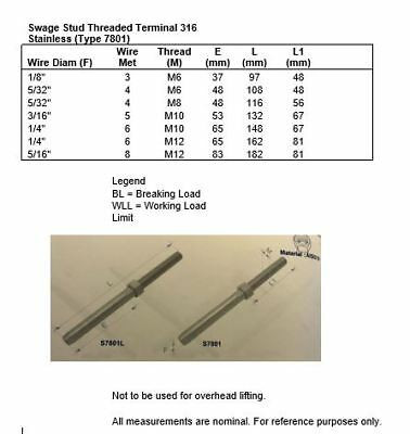 Stainless Steel 316 Swage Stud M10 Threaded Terminal Marine Grade for 3 ...