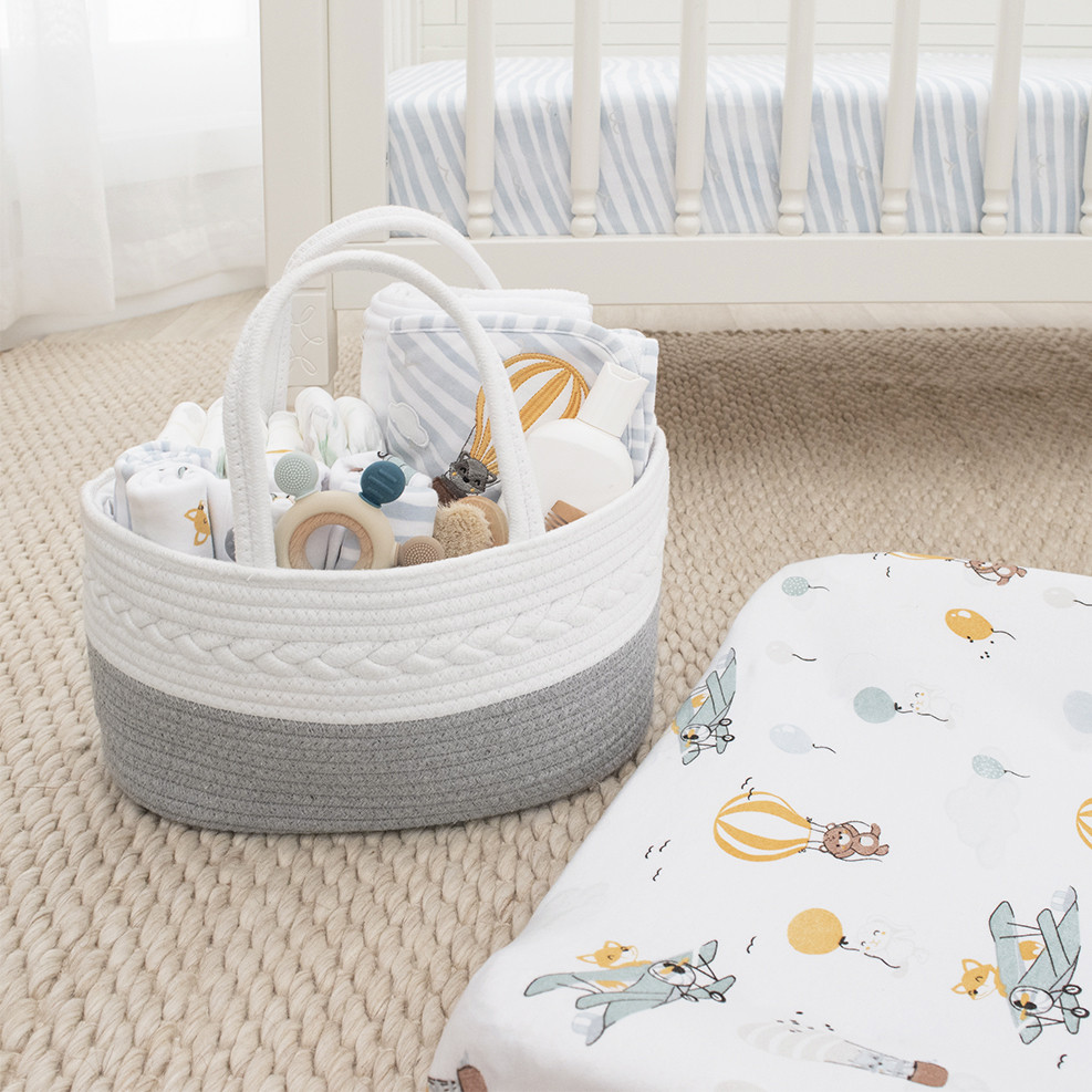Living Textiles 100% Cotton Rope Nappy Caddy - Grey/White - Babies.co.nz