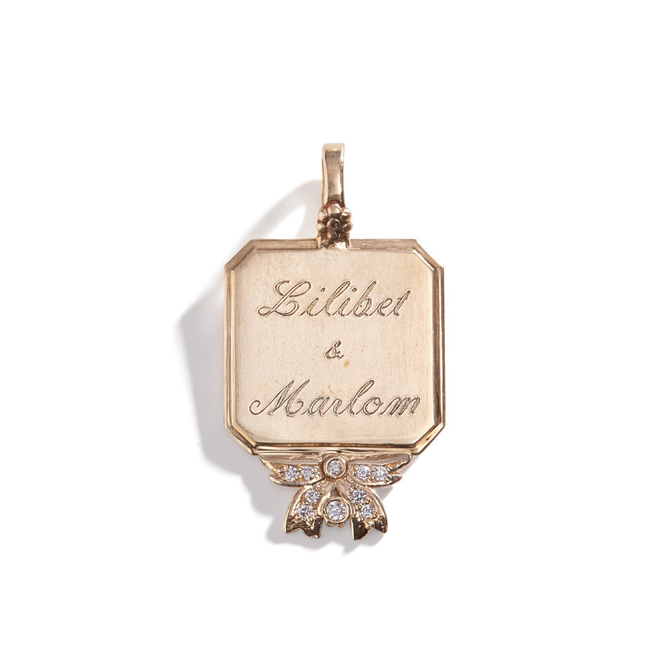 Coquette Diamond Bow Gold Personalized Charm | Art Deco Engraved Pendant