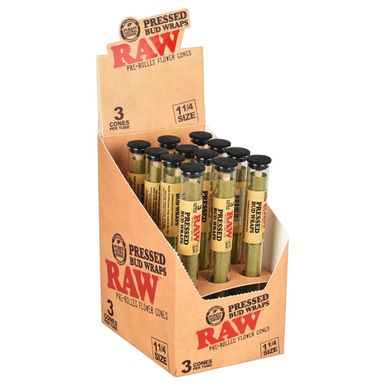RAW® - PRESSED BUD WRAP PRE-ROLL CONES 1 1/4 3PK | DISPLAY OF 12 (MSRP ...