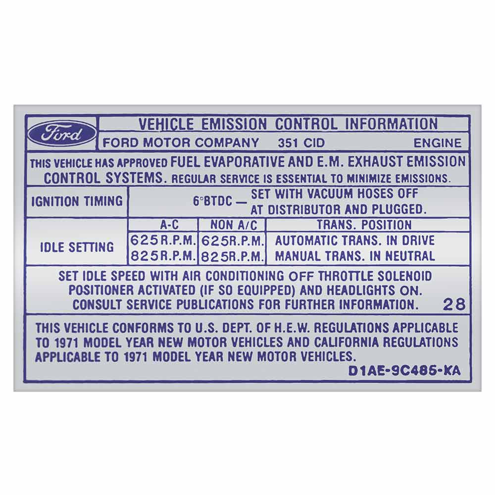 EMISSION DECAL 1971 FORD 351-4V TORINO MUSTANG MERCURY MONTEGO (DF762)