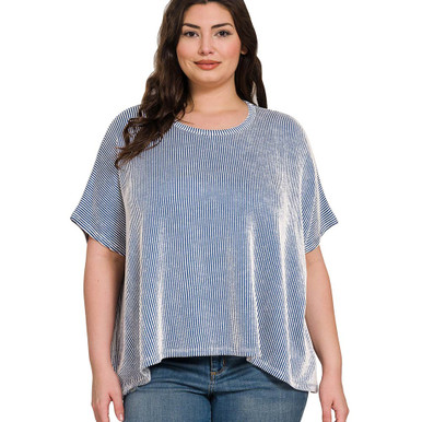 Women's Zenana Ribbed Stripe Oversized Short Sleeve Top - Plus Size ...