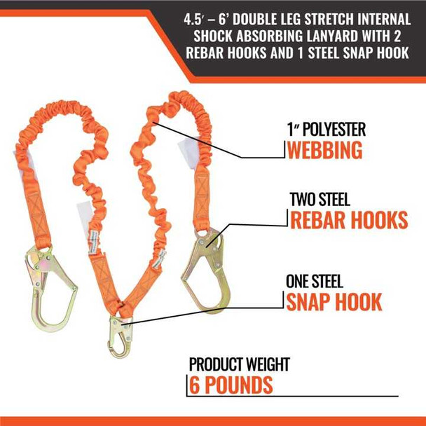 4.5ft – 6ft Single Leg Stretch Internal Shock Absorbing Lanyard / With ...