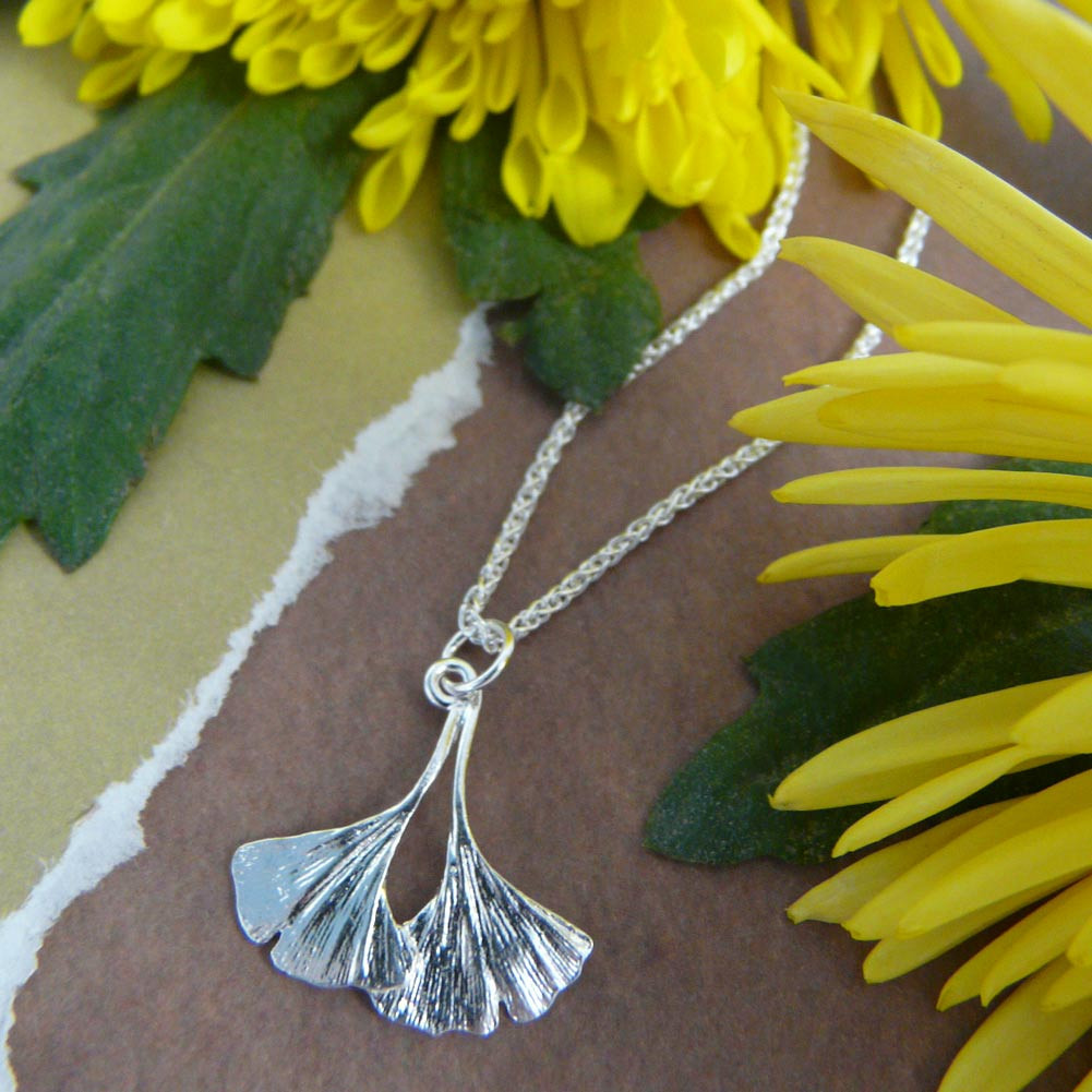 Sterling Silver Double Ginkgo Leaf Necklace by Bruce Baker