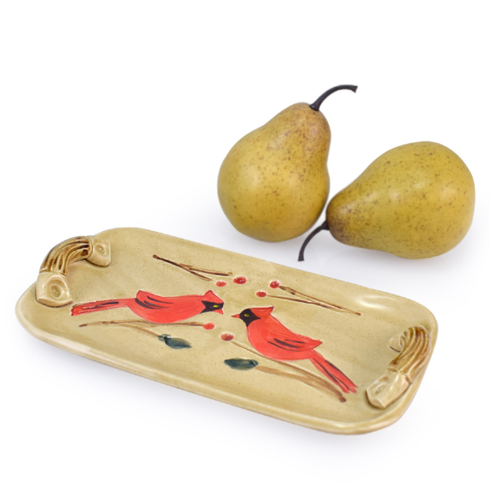 Small Sculpted Stoneware Pottery Tray with Red Cardinals Motif