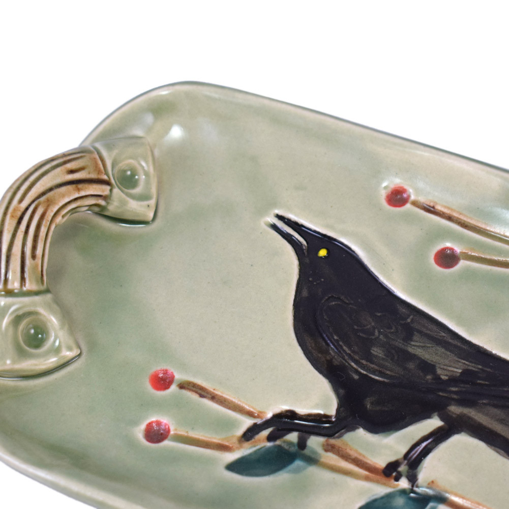 Small Sculpted Stoneware Pottery Tray with Crow Motif