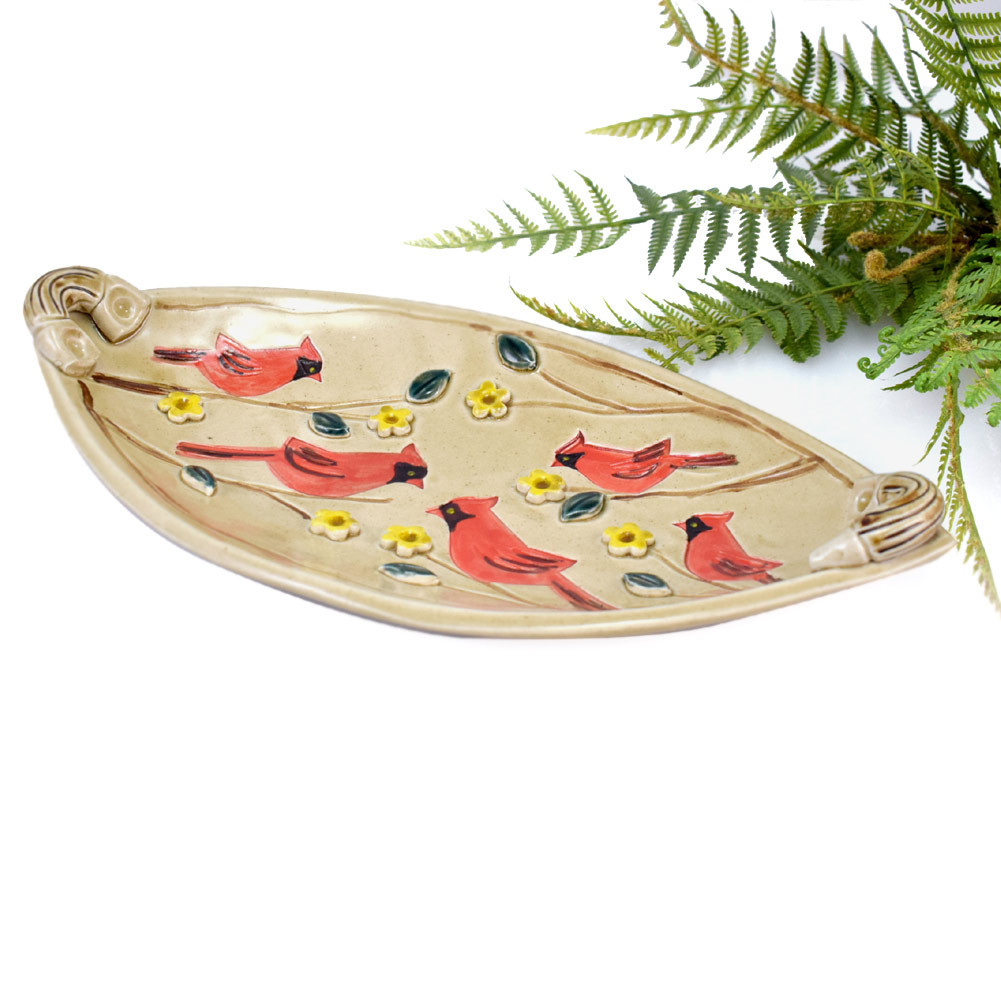 12-inch Oval Pottery Platter with Red Cardinals Motif