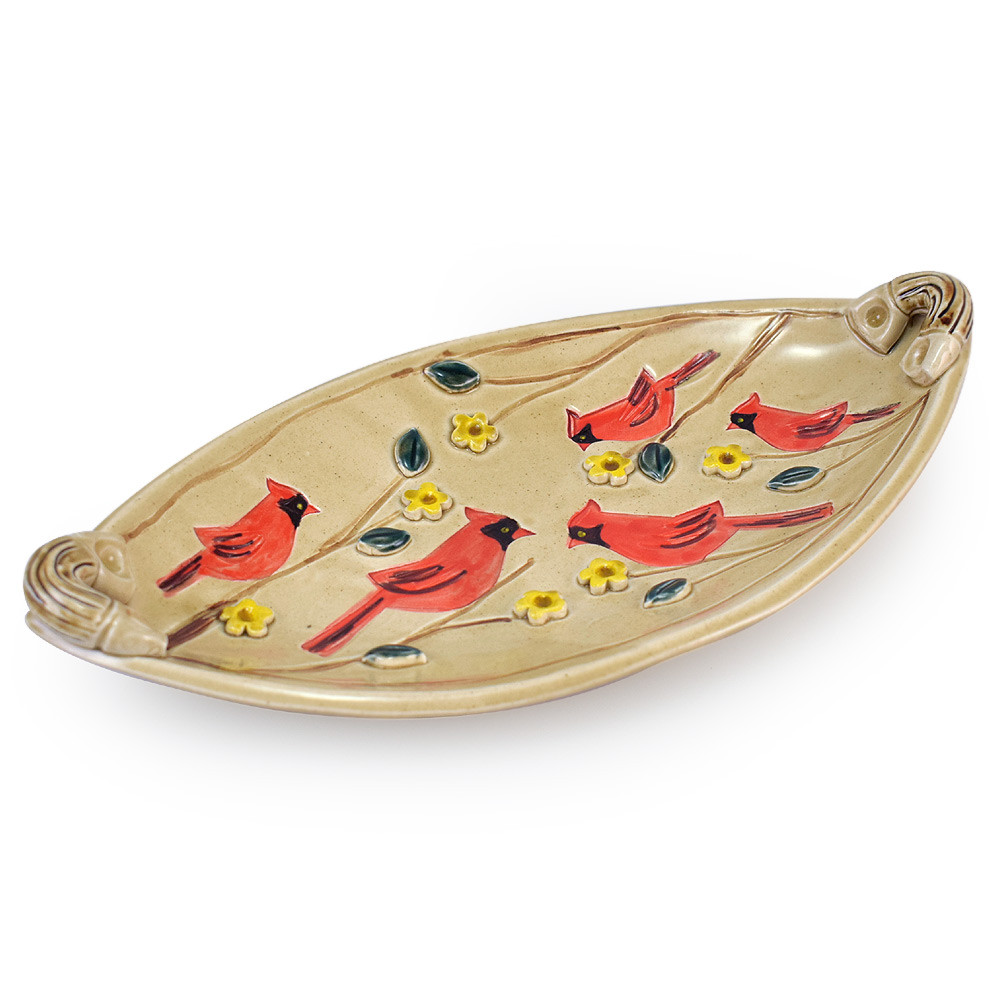 12-inch Oval Pottery Platter with Red Cardinals Motif