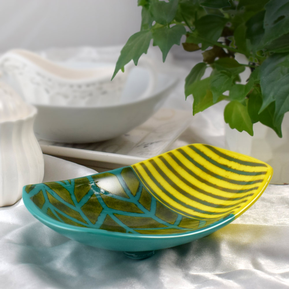 Art Glass Swoop Bowl with Chevron Pattern, Handcrafted in the USA