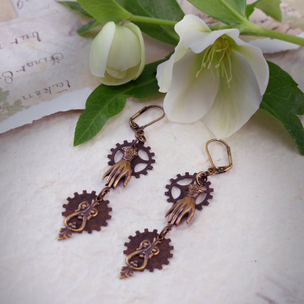 Hands of Time Brass Clockwork Dangle Earrings