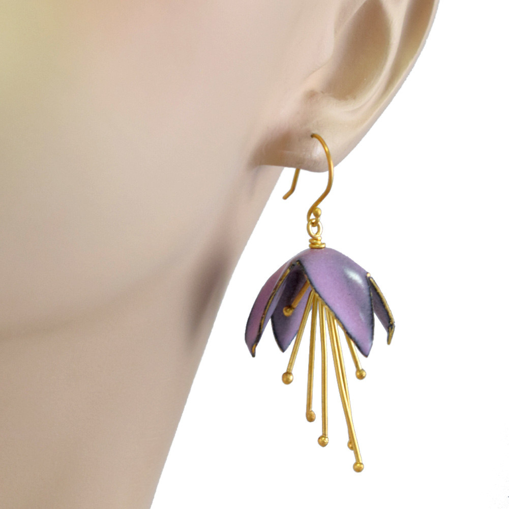 Pink Fuchsia Flower Vitreous Enamel Earrings Handmade