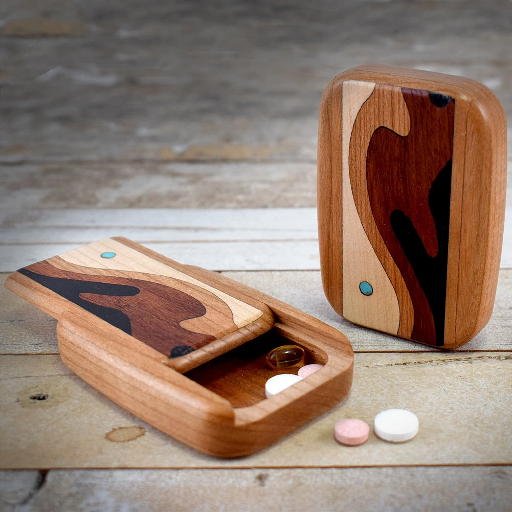 Pocket Pill Box (Thin Size), Cherry Wood with Wave Inlay