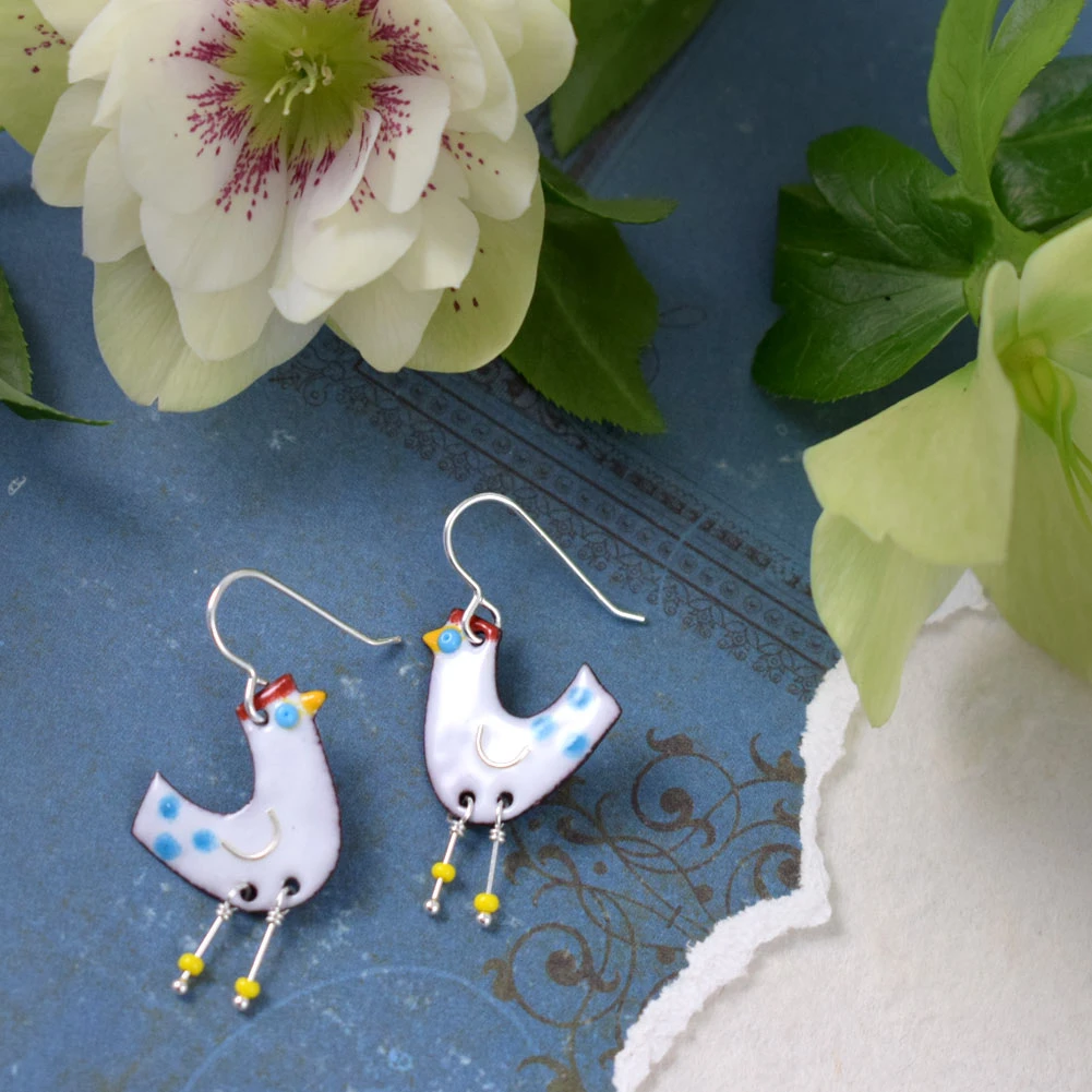 Whimsical White Chicken Enamel Earrings | Handmade in USA