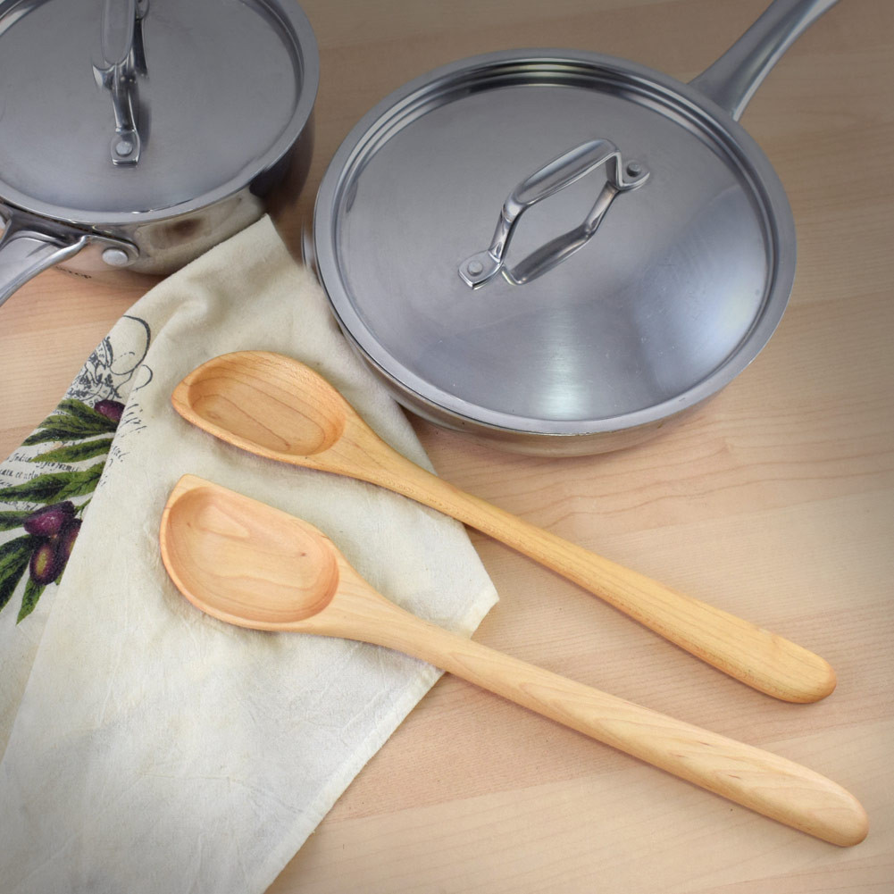 Set of 2 Angled Solid American Maple Wood Spoons | Made in USA