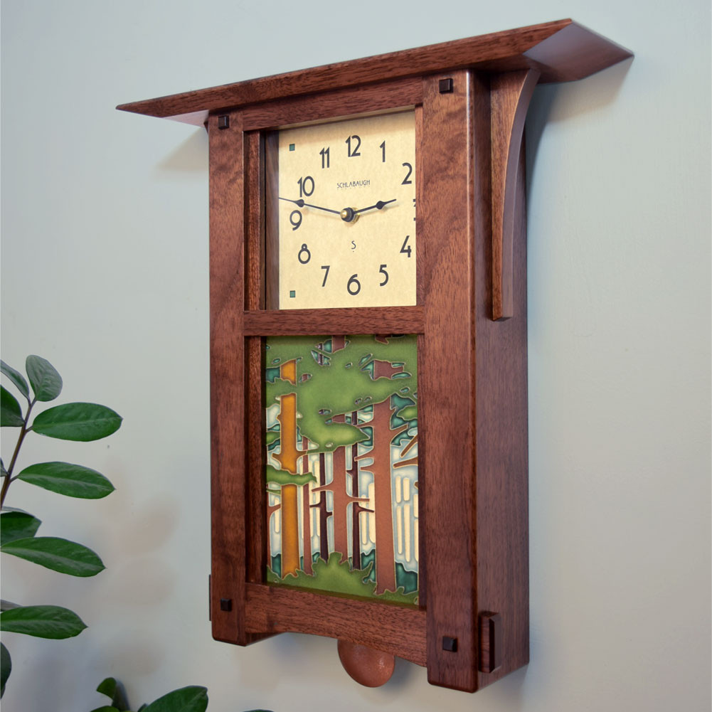 Craftsman Style Wall Clock with Woodland Tile and Pendulum