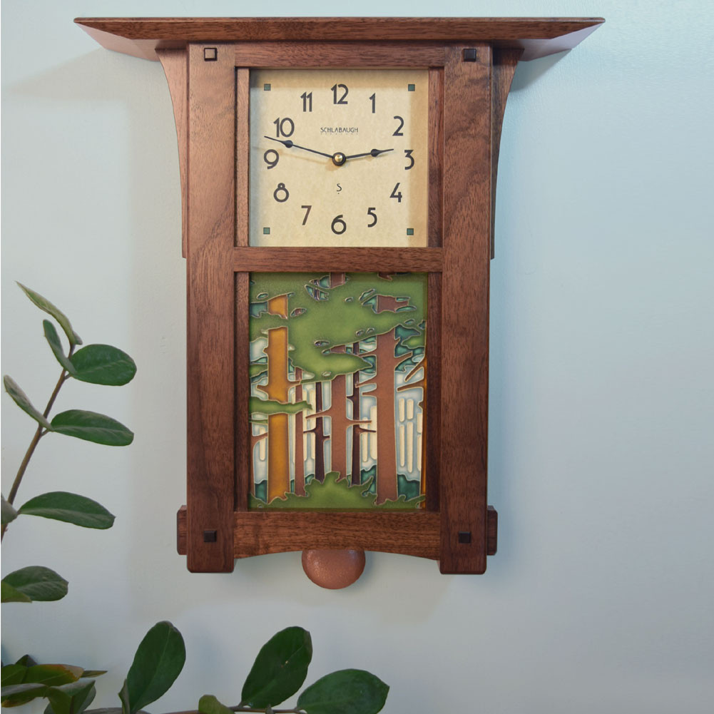 Craftsman Style Wall Clock with Woodland Tile and Pendulum