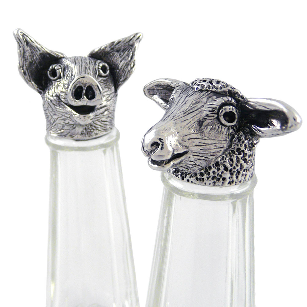 Whimsical Pewter and Glass Pig and Sheep Salt + Pepper Shaker Set