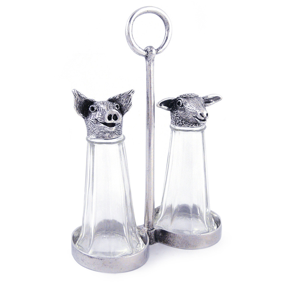 Whimsical Pewter and Glass Pig and Sheep Salt + Pepper Shaker Set