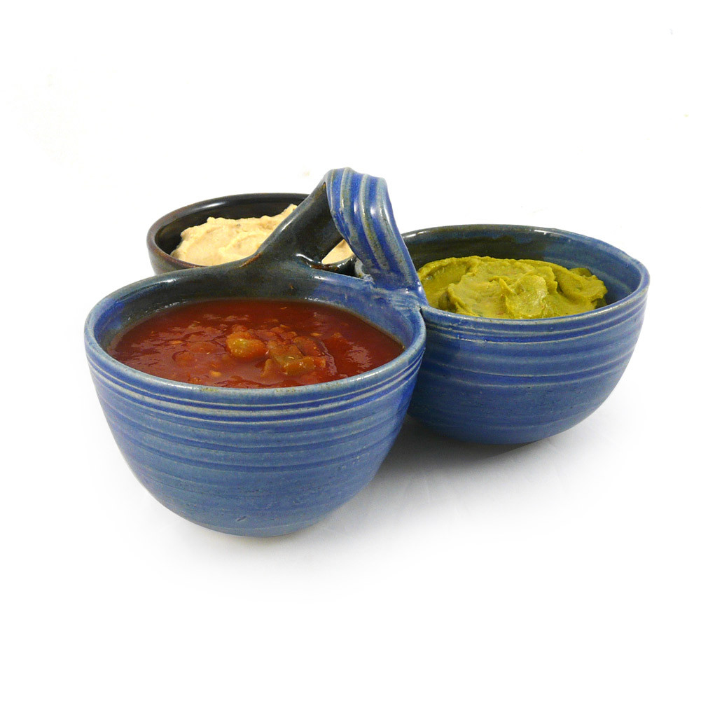 Stoneware Pottery 3-Bowl Condiment Dish | Trio Bowl for Salsa, Ketchup ...