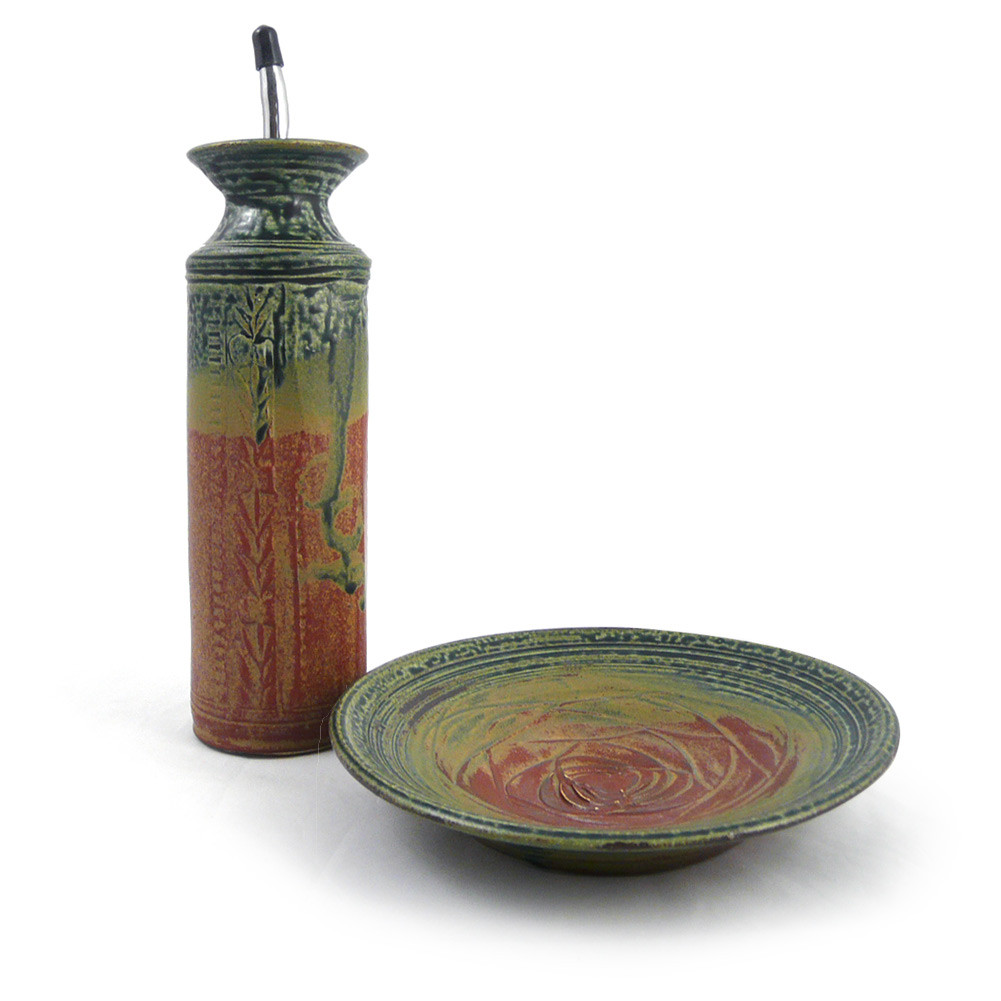 Stoneware Pottery Olive Oil Cruet and Dipping Dish in Red Desert | Holman