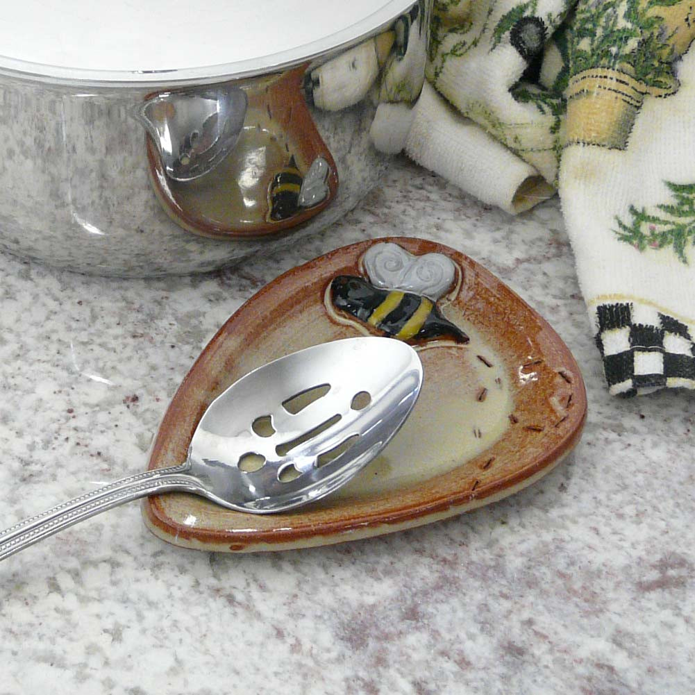 Stoneware Pottery Spoon Rest with Busy Bee Motif
