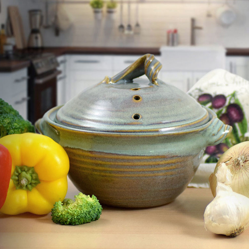 Stoneware Pottery Microwave Vegetable Steamer in Sea Oats Glaze