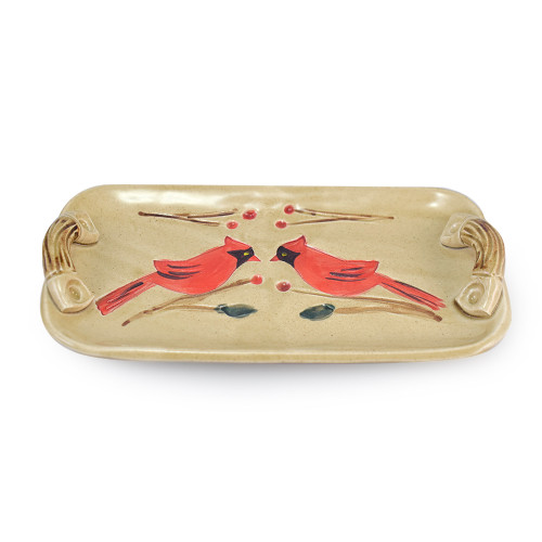 Small Sculpted Stoneware Pottery Tray with Red Cardinals Motif