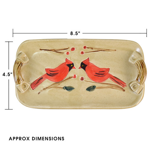 Small Sculpted Stoneware Pottery Tray with Red Cardinals Motif