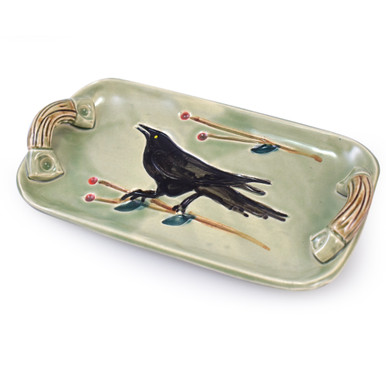 Small Sculpted Stoneware Pottery Tray with Crow Motif